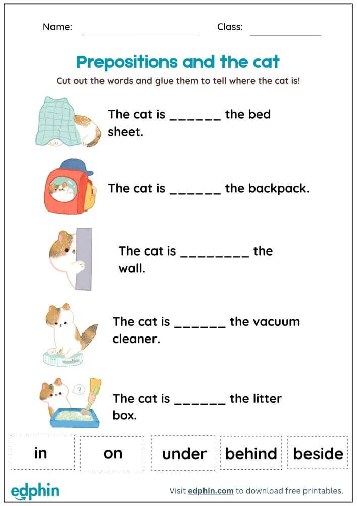 Basic prepositions Cut Paste Activity Printable With Answers - Edphin